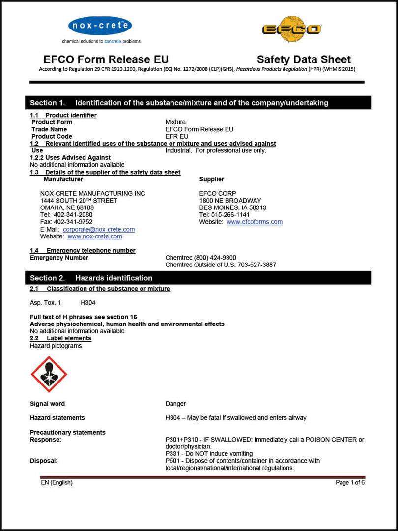 EFCO Form Release Safety Data Sheet (Europe) | EFCO Forms